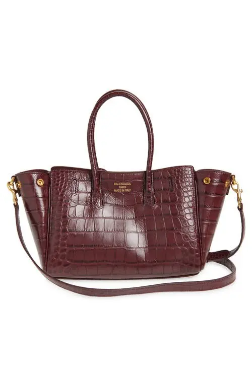 Balenciaga Mini Bel Air Croc Embossed Leather Tote In Dark